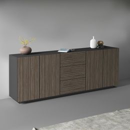 Sideboard Inosign "Vega Sideboard,Kommode,220 cm" Sideboards Gr. B/H/T: 220 cm x 86 cm x 43 cm, 220 cm, 3 St., schwarz (anthrazit matt, canneté dunkel) mit 4 Türen und 3 Schubladen,Fronten Rillen-Optik