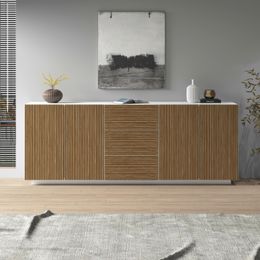 Sideboard Inosign "Vega Sideboard,Kommode,220 cm" Sideboards Gr. B/H/T: 220 cm x 86 cm x 43 cm, 220 cm, 3 St., weiß (weiß matt, canneté hell) mit 4 Türen und 3 Schubladen,Fronten Rillen-Optik