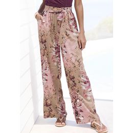 Palazzohose Lascana Gr. 34, N-Gr, bunt (taupe, beere bedruckt) Damen Hosen mit Bindegürtel und Alloverdruck, Stoffhose Taschen