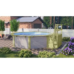 Achteckpool Karibu "Acapulco 2X mit Sonnendeck" Schwimmbecken Gr. B/H/L: Breite 550cm x Höhe 121cm x Länge 470cm, 15950 l, grau (wassergrau) BxLxH: 550x470x121cm, 38 mm kesseldruckimprägniertes Holz