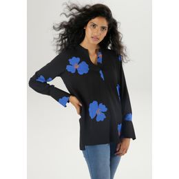 Longbluse Aniston SELECTED Gr. 38, schwarz (schwarz, royalblau, orange) Damen Blusen mit Blüten bedruckt - Jedes Teil ein Unikat