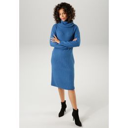 Strickkleid Aniston CASUAL Gr. 42, N-Gr, blau Damen Kleider mit halsfernem Rollkragen