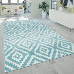 Paco Home - Teppich Wohnzimmer Kurzflor Boho Ethno Design Pastell Blau Weiß 240x320 cm