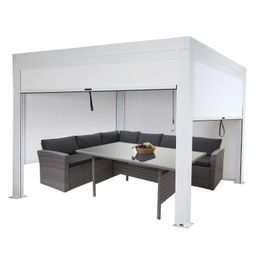 Pergola MCW-L46 mit Seitenwand, Gartenpavillon Lamellen-Pavillon Rollo, 11cm-Alu-Gestell, sturmfest 3x3m ~ wei&szlig;