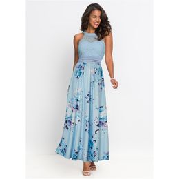 bonprix Maxikleid mit Blumen-Print und Spitze, blau, Gr.48, Romantisch und feminin: Jerseykleid mit Spitzen-Oberteil