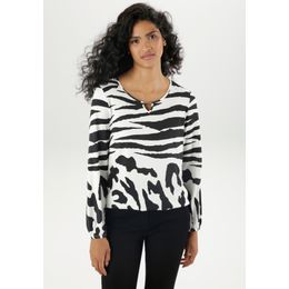 Langarmshirt Aniston SELECTED Gr. 36, schwarz-weiß (offwhite, schwarz) Damen Shirts mit Cut-Out, Schmuckelement und Animal-Prints - NEUE KOLLEKTION