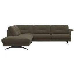 Ecksofa FLEXLUX "Glow bequem und komfortabel durch hochwertigen Sitzaufbau, L-Form" Sofas Gr. B/H/T: 268cm x 81cm x 224cm, Lederoptik, Ottomane rechts, Armlehnen in Walnuss, braun (camel brown) Skandinavisches Design, In hochwertiger Verarbeitung