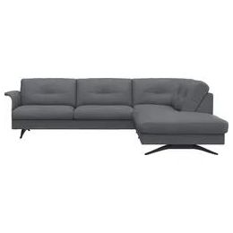 Ecksofa FLEXLUX "Glow bequem und komfortabel durch hochwertigen Sitzaufbau, L-Form" Sofas Gr. B/H/T: 268cm x 81cm x 224cm, Bouclé, Ottomane links, Armlehnen in Walnuss, blau (navy blau) Skandinavisches Design, In hochwertiger Verarbeitung