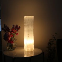 Heimtex Salzkristall-Tischlampe Selenit-Zylinderturm Lampe - Marokkanische Kristalldeko