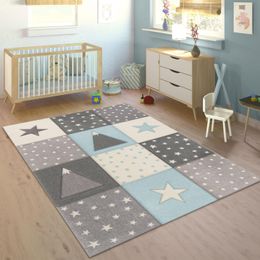 Kinderteppich Paco Home "Cosmo 340" Teppiche Gr. B/L: 200 cm x 290 cm, 17 mm, 1 St., blau Kinder Kurzflor, Pastell-Farben, 3D Effekt, Motiv Berge, Punkte & Sterne