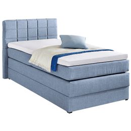 Boxspringbett Hapo, blau, Das Bett ist mit pflegeleichtem Feinstrukturstoff in Leinenoptik (100% Polyester) bezogen.;Die Oberseite der Unterfederung