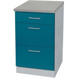 Wiho-K&uuml;chen Unterschrank WIHO K&Uuml;CHEN, B:50cm H:85cm T:60cm, blau, K&uuml;che, Schr&auml;nke, "Kiel", 50 cm breit, Tiefe 60 cm, mit 2 gro&szlig;en Ausz&uuml;gen und 1 Schublade