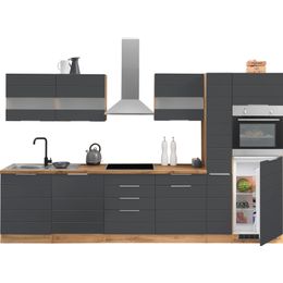 Küchenzeile KOCHSTATION, B:330cm T:60cm, grau, Komplettküchen-Sets, "KS-Luhe", 330 cm breit, wahlweise mit oder ohne E-Geräten, gefräste MDF-Fronten