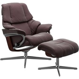 Relaxsessel stressless, B:83cm H:100cm T:76cm, rot, Wohnzimmer, Sessel, "Reno", mit Hocker, mit Cross Base, Größe S, M & L, Holzakzent Braun