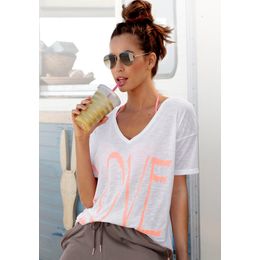 Vivance Damen V-Shirt, bunt, Gr. 32, leicht transparent, unifarben, Slub, Obermaterial: 65% Polyester, 35% Viskose, Shirts, mit Neonprint, T-Shirt,