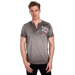 Rusty Neal Damen T-Shirt, grau, Gr. L, bedruckt, meliert, 100% Baumwolle, Shirts, mit modischer Knopfleiste