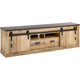 Lowboard Home Affaire, B:201cm H:61cm T:43cm, braun, Wohnzimmer, Sideboards, "SHERWOOD", modernes Holz Dekor, mit Scheunentorbeschlag aus Metall,