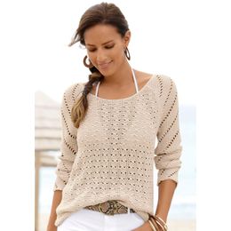 Lascana Damen Ajourpullover, beige, Gr. 36, Strick, Obermaterial: 100% Polyacryl, Pullover, mit tollem Lochstrickmuster, Strandpullover, leicht
