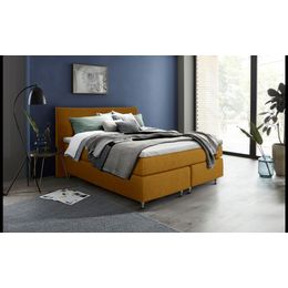 Boxspringbett Inosign, B:180cm L:200cm, gelb, Komplettbetten, "Zahara", inkl. Topper, besonderes Highlight: aufgenähten Jeanstaschen - Optik