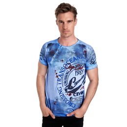 Rusty Neal Damen T-Shirt, blau, Gr. M, bedruckt, 100% Baumwolle, Shirts, mit plakativem Frontprint