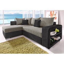 Ecksofa Collection AB, B:226cm H:80cm T:160cm, schwarz, Wohnzimmer, Sofas, "John L-Form", Regalarmlehne,Bettfunktion,Bettkasten,Ottomane beiseitig