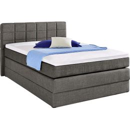 Boxspringbett Hapo, grau, Das Bett ist mit pflegeleichtem Feinstrukturstoff in Leinenoptik (100% Polyester) bezogen.;Die Oberseite der Unterfederung
