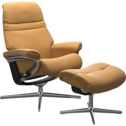 Relaxsessel stressless, B:92cm H:105cm T:80cm, gelb, Wohnzimmer, Sessel, "Sunrise", mit Hocker, mit Cross Base, Größe S, M & L, Holzakzent Schwarz