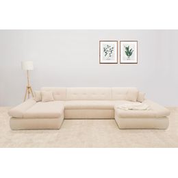 Wohnlandschaft DOMO collection, B:386cm H:80cm T:172cm, beige, 100% Polyester, Sofas, "Moric wahlweise mit Bettfunktion und Armteilverstellung, XXL",