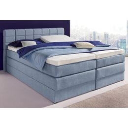 Boxspringbett Hapo, blau, Das Bett ist mit pflegeleichtem Feinstrukturstoff in Leinenoptik (100% Polyester) bezogen.;Die Oberseite der Unterfederung