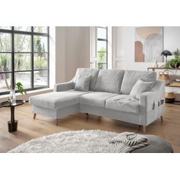 Ecksofa Inosign, B:228cm H:94cm T:150cm, silber, 100% Polyester, Wohnzimmer, Sofas, "Valentina L-Form", 2 Zierkissen, mit Seitentasche, ausziehbarer