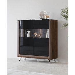 Highboard LEONIQUE, B:128,5cm H:136,5cm T:44cm, schwarz, FSC-zertifizierter Holzwerkstoff, Glas, MDF, Melamin, Metall, Wohnzimmer, Sideboards,