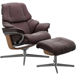 Relaxsessel stressless, B:92cm H:100cm T:80cm, rot, Wohnzimmer, Sessel, "Reno", mit Hocker, mit Cross Base, Größe S, M & L, Holzakzent Eiche