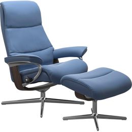 Relaxsessel stressless, B:78cm H:108cm T:78cm, blau, Wohnzimmer, Sessel, "View", mit Hocker, mit Cross Base, Größe S, M & L, Holzakzent Wenge