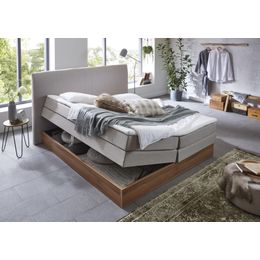 Boxspringbett Home Affaire, B:162cm L:224cm, beige, Komplettbetten, "Blomen", mit Walnuss-Dekor, mit Bettkasten, verschiedene Härtegrade, mit Topper