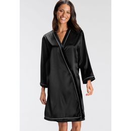 Bruno Banani Damen Kimono, Gr. 32, schwarz, Satin, unifarben, Hausm&auml;ntel, mit Kontrastpaspel-Details