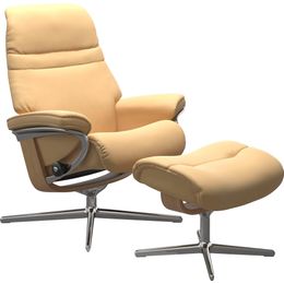 Relaxsessel stressless, B:83cm H:105cm T:74cm, gelb, Wohnzimmer, Sessel, "Sunrise", mit Hocker, mit Cross Base, Größe S, M & L, Holzakzent Eiche