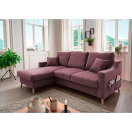 Ecksofa Inosign, B:228cm H:94cm T:150cm, rot, 100% Polyester, Wohnzimmer, Sofas, "Valentina L-Form", 2 Zierkissen, mit Seitentasche, ausziehbarer