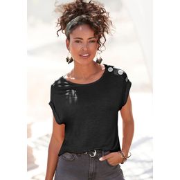Buffalo Damen Kurzarmshirt, schwarz, Gr. 32, unifarben, Jersey, Obermaterial: 100% Viskose, Shirts, mit Zierknöpfen, bequemes T-Shirt aus Jersey,