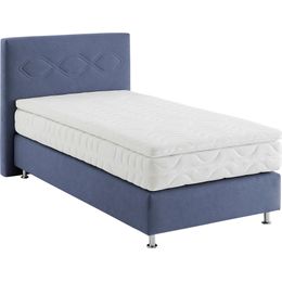 Boxspringbett, B:115cm L:210cm, blau, Westfalia Schlafkomfort, Bezug: Microvelours 100% Polyester, Komplettbetten, wahlweise mit Topper