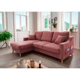 Ecksofa Inosign, B:228cm H:94cm T:150cm, rosa, 100% Polyester, Wohnzimmer, Sofas, "Valentina L-Form", 2 Zierkissen, mit Seitentasche, ausziehbarer