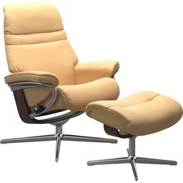 Relaxsessel stressless, B:92cm H:105cm T:80cm, gelb, Wohnzimmer, Sessel, "Sunrise", mit Hocker, mit Cross Base, Größe S, M & L, Holzakzent Wenge