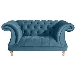 Loveseat Max Winzer "Isabelle, Loungesessel" Sessel Gr. Samtvelours 20442, B/H/T: 167cm x 80cm x 100cm, blau (petrol) XXL-Sessel Sessel mit Knopfheftung & gedrechselten Füßen in Buche natur, Breite 167 cm