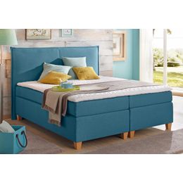 Boxspringbett Home Affaire, B:152cm L:205cm, blau, Struktur fein (100% Polyester), Komplettbetten, "Houssay", inkl. Topper, 5 Breiten, 2 Härtegraden