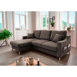 Ecksofa Inosign, B:228cm H:94cm T:150cm, braun, 100% Polyester, Wohnzimmer, Sofas, "Valentina L-Form", 2 Zierkissen, mit Seitentasche, ausziehbarer