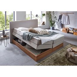 Boxspringbett Home Affaire, B:182cm L:224cm, beige, Komplettbetten, "Blomen", mit Walnuss-Dekor, mit Bettkasten, verschiedene Härtegrade, mit Topper