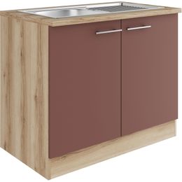 Spülenschrank Optifit, B:100cm H:84,8cm T:60cm, rot, Spanplatte, Küche, Schränke, "Bella", Breite 100 cm, mit Edelstahl-Einbauspüle