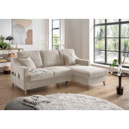 Ecksofa Inosign, B:228cm H:94cm T:150cm, beige, 100% Polyester, Wohnzimmer, Sofas, "Valentina L-Form", 2 Zierkissen, mit Seitentasche, ausziehbarer