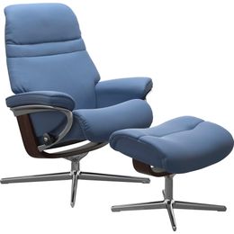 Relaxsessel stressless, B:83cm H:105cm T:74cm, blau, Wohnzimmer, Sessel, "Sunrise", mit Hocker, mit Cross Base, Größe S, M & L, Holzakzent Braun