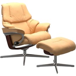 Relaxsessel stressless, B:79cm H:99cm T:75cm, gelb, Wohnzimmer, Sessel, "Reno", mit Hocker, mit Cross Base, Größe S, M & L, Holzakzent Braun