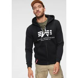 Herren Kapuzensweatjacke "BASIC ZIP HOODY", schwarz, Gr. S, Alpha Industries, bedruckt, angeraute Sweatware, Obermaterial: 80% Baumwolle, 20%